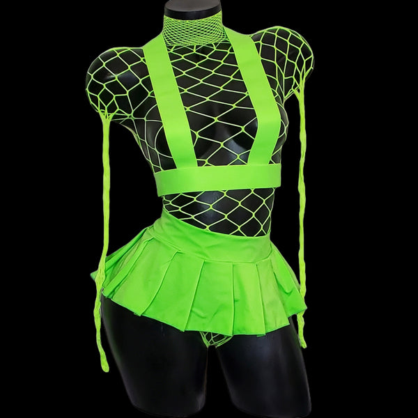 Neon Green Pleated Mini Skirt| Exotic Rave Dancewear| SELF XPRESSION